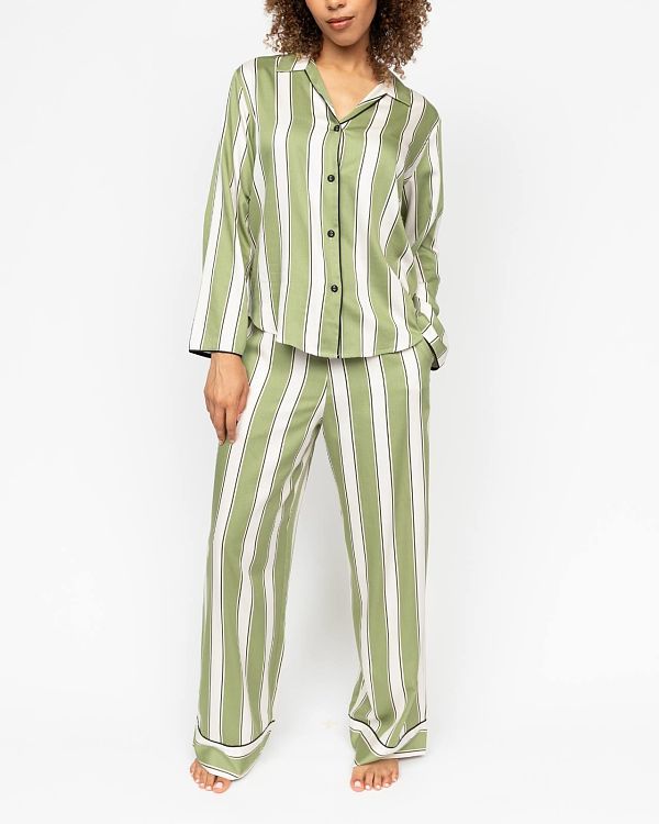 Nancy Printed Stripe Wide Leg Pyjama Set Green Mix @ TKD Lingerie